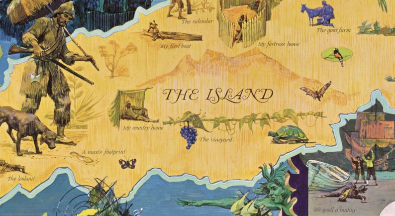 Vintage Pictorial Map - Robinson Crusoe: From the Book by Daniel Defoe ...