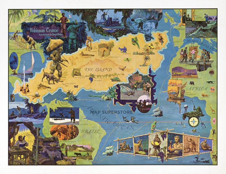 Vintage Pictorial Map Robinson Crusoe: From the Book by - Etsy