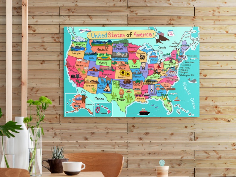 Cartoon USA Map With Landmark Illustrations Educational Illustration ...