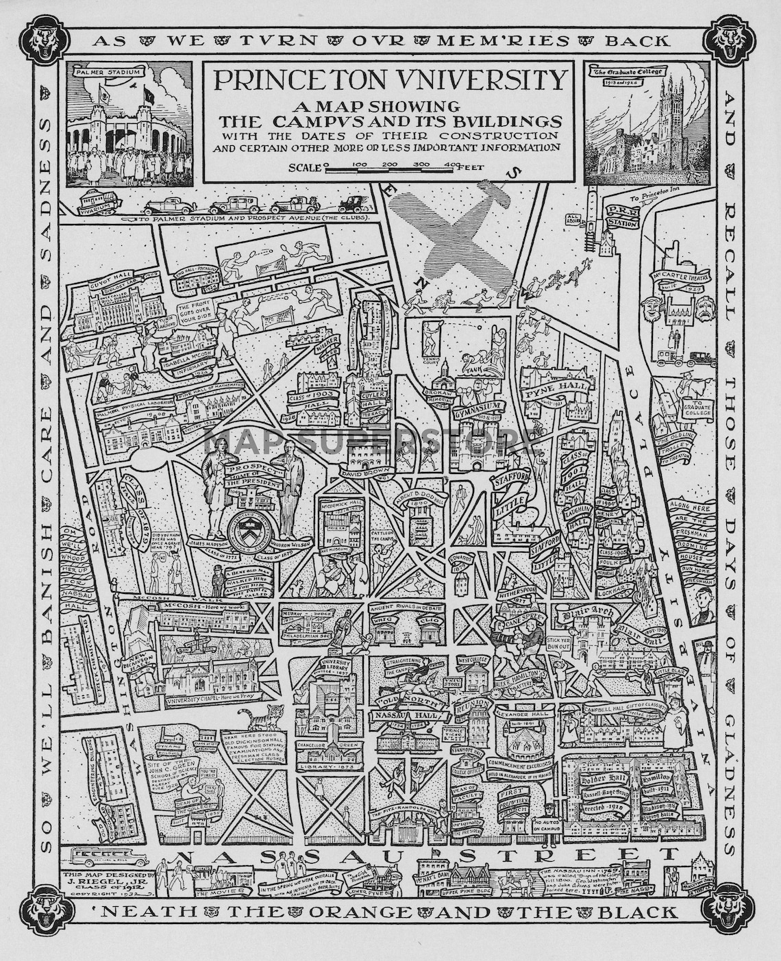 Vintage Princeton University Campus Map - 1932 Pictorial Map ...