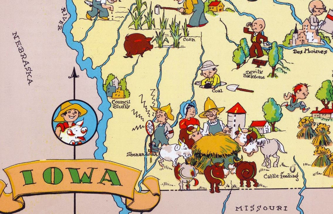 Vintage 1935 Iowa Pictorial Map Frank J. Taylor & Ruth Taylor White ...