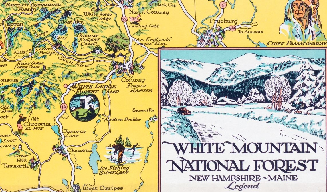 Vintage Pictorial Map of White Mountain National Forest, New Hampshire ...