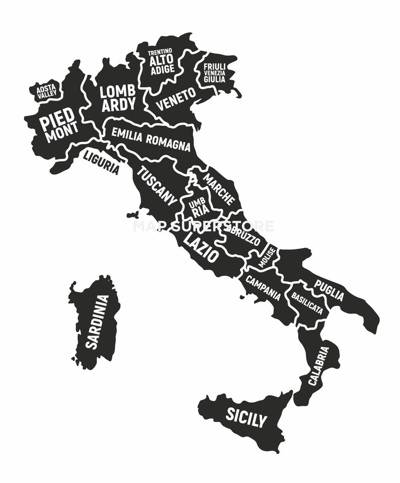 Black and White Italy Map Print: Italian Regions Travel Art - Etsy