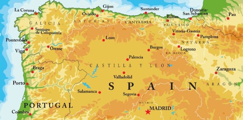 Detailed Physical Map of Spain: Canvas or Poster Print - Etsy
