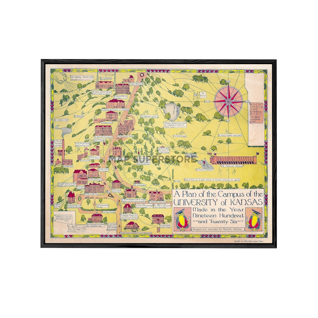 Vintage University of Kansas Campus Map - 1927 Marjorie Whitney Bird's ...