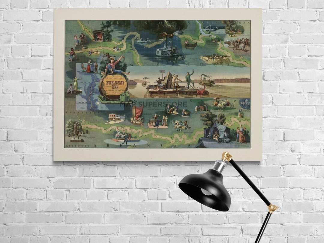 Vintage Pictorial Map - the Adventures of Huckleberry Finn Along the ...