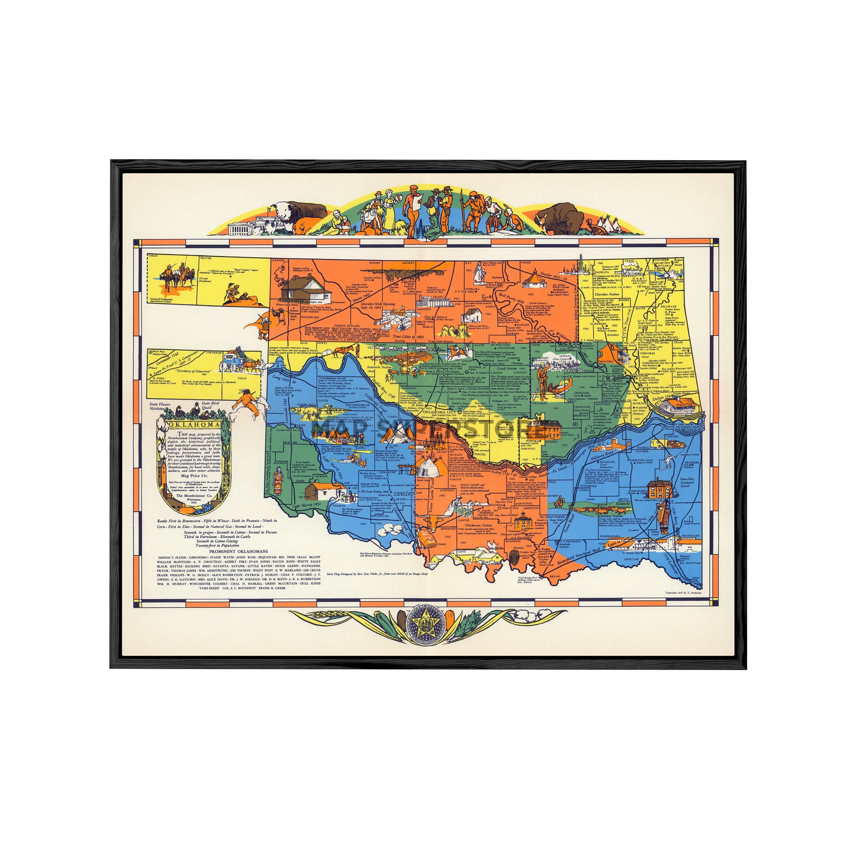 1937 Vintage Pictorial Map of Oklahoma - Historical and Industrial ...