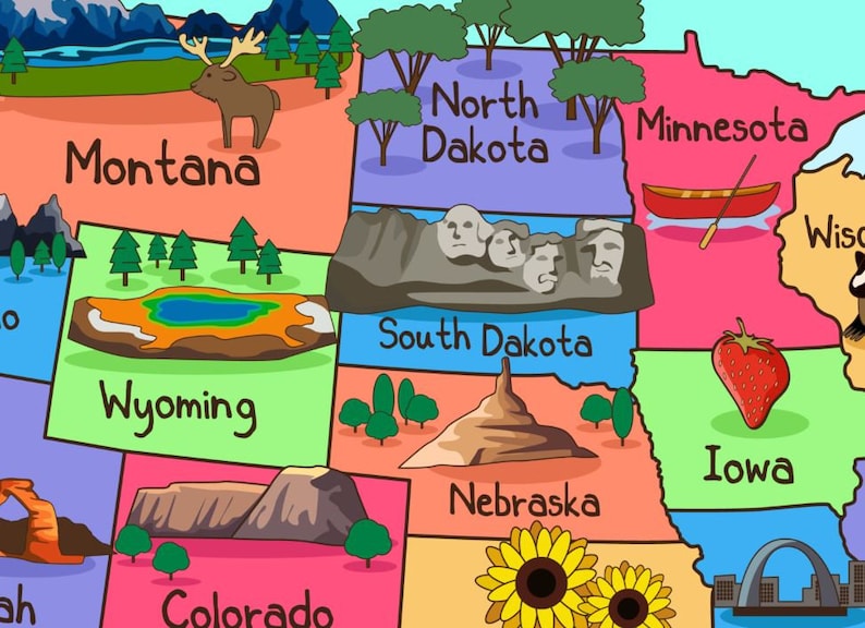 Cartoon USA Map With Landmark Illustrations Educational - Etsy
