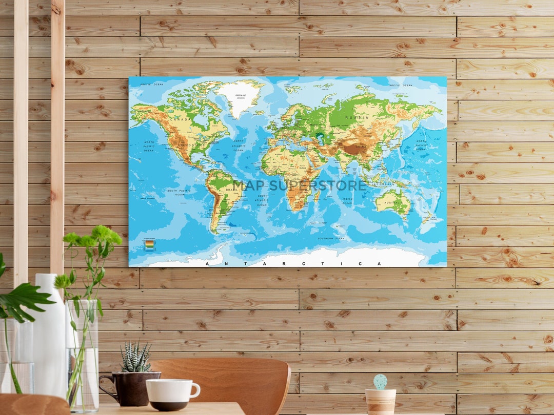 Detailed Physical World Map: Relief, Countries, Cities - Canvas or ...