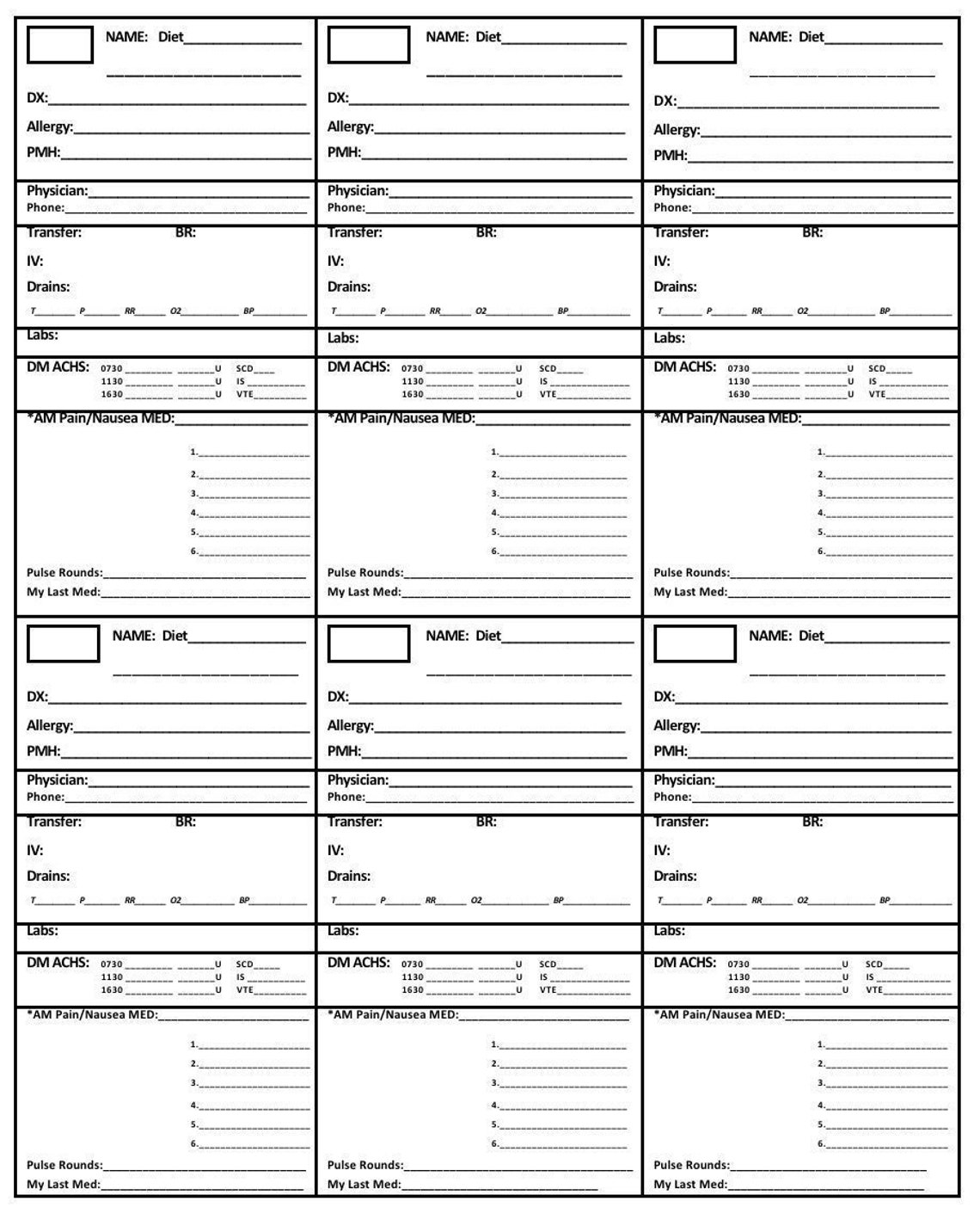 6 Patient RN, LPN, CNA Medsurg Report Sheet Template. Nurse Shift ...