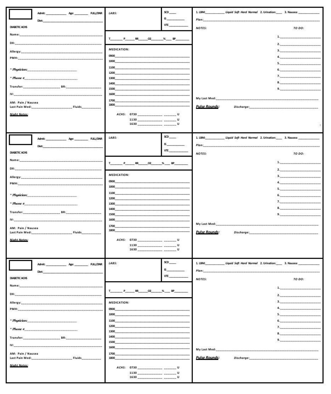 3 Patient Care Horizontal RN, Registered Nurse, LPN Report Sheet ...