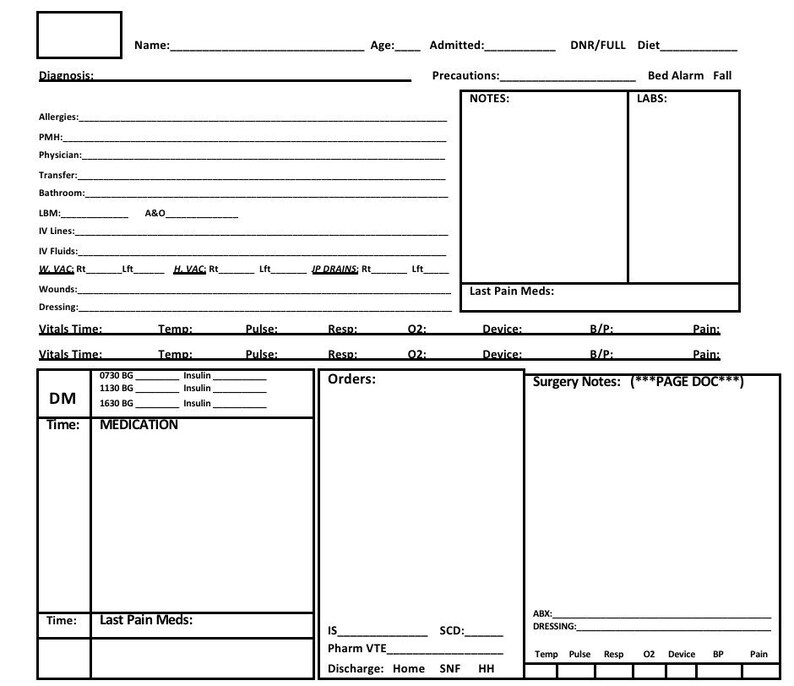 Registered Nurse RN Report Sheet Template, Medsurg, ICU, ER, Tele Nurse ...