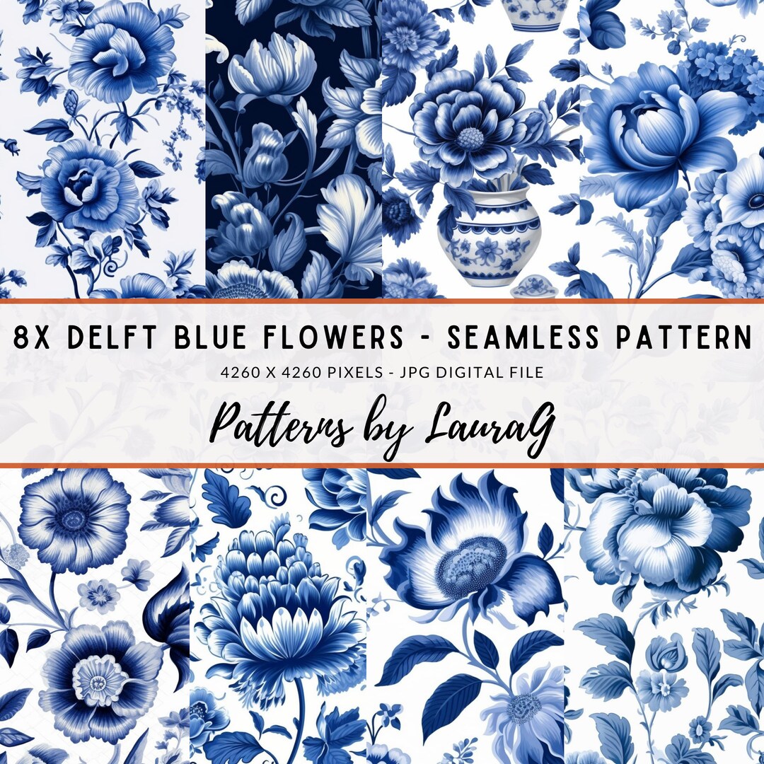 Delft Blue Floral Digital Paper, Seamless Pattern Dutch White, Flower ...