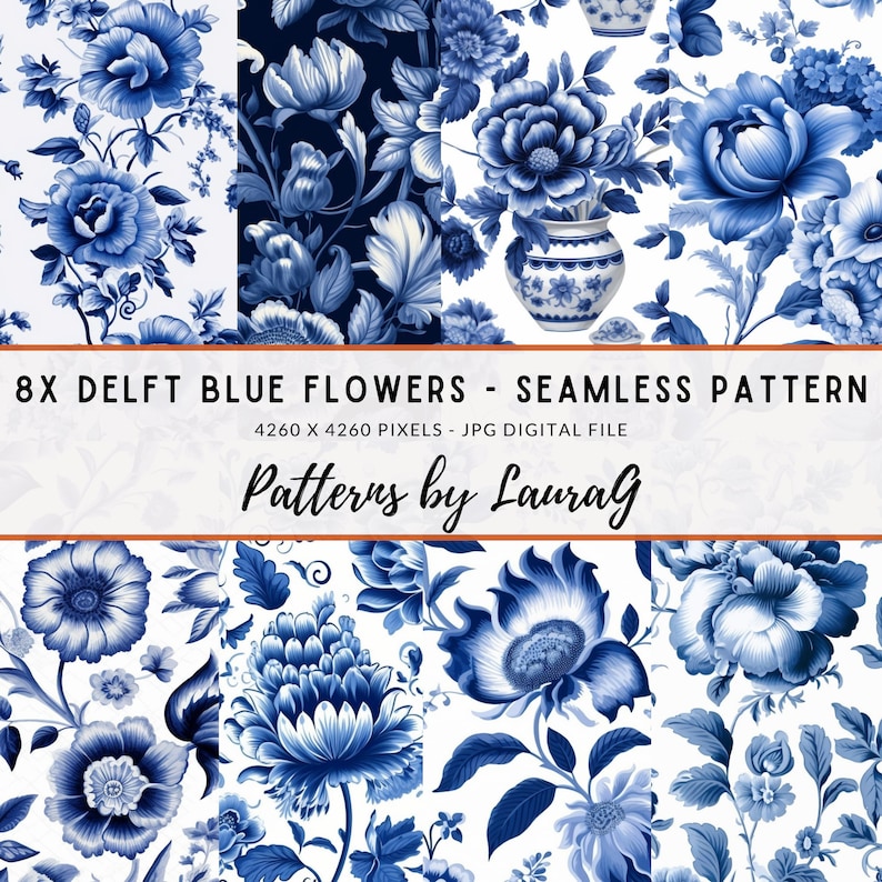 Delft Blue Floral Digital Paper, Seamless Pattern Dutch White, Flower ...
