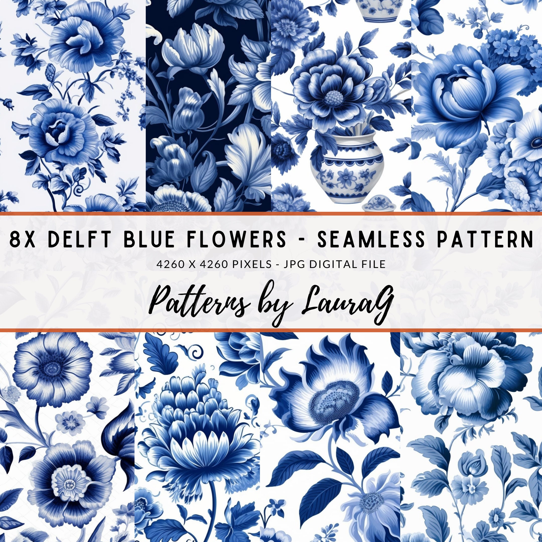Delft Blue Floral Digital Paper, Seamless Pattern Dutch White, Flower ...