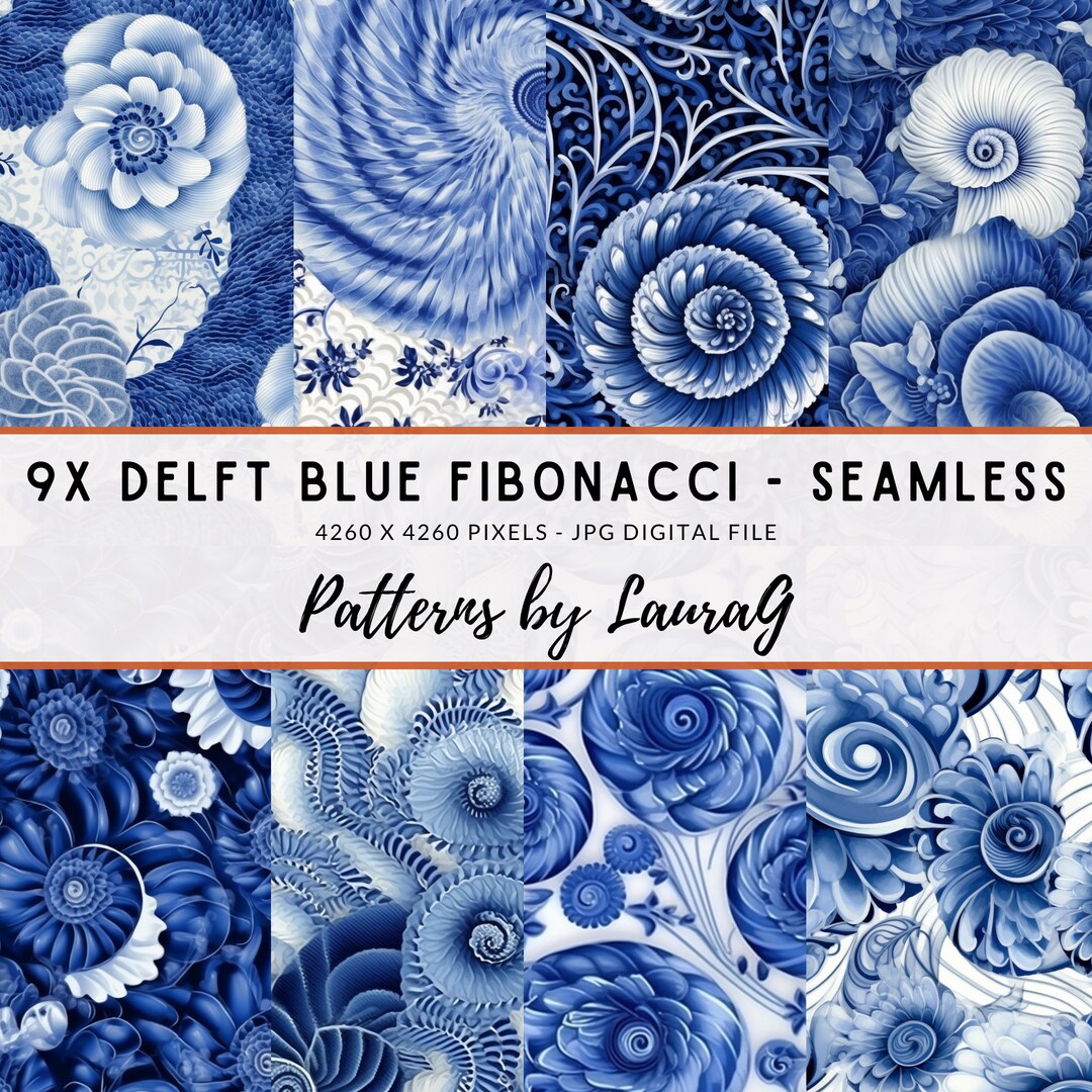 Seamless Pattern Delft Blue Fibonacci, Sequence Print Digital Paper, Dutch Wallpaper, Houses ...