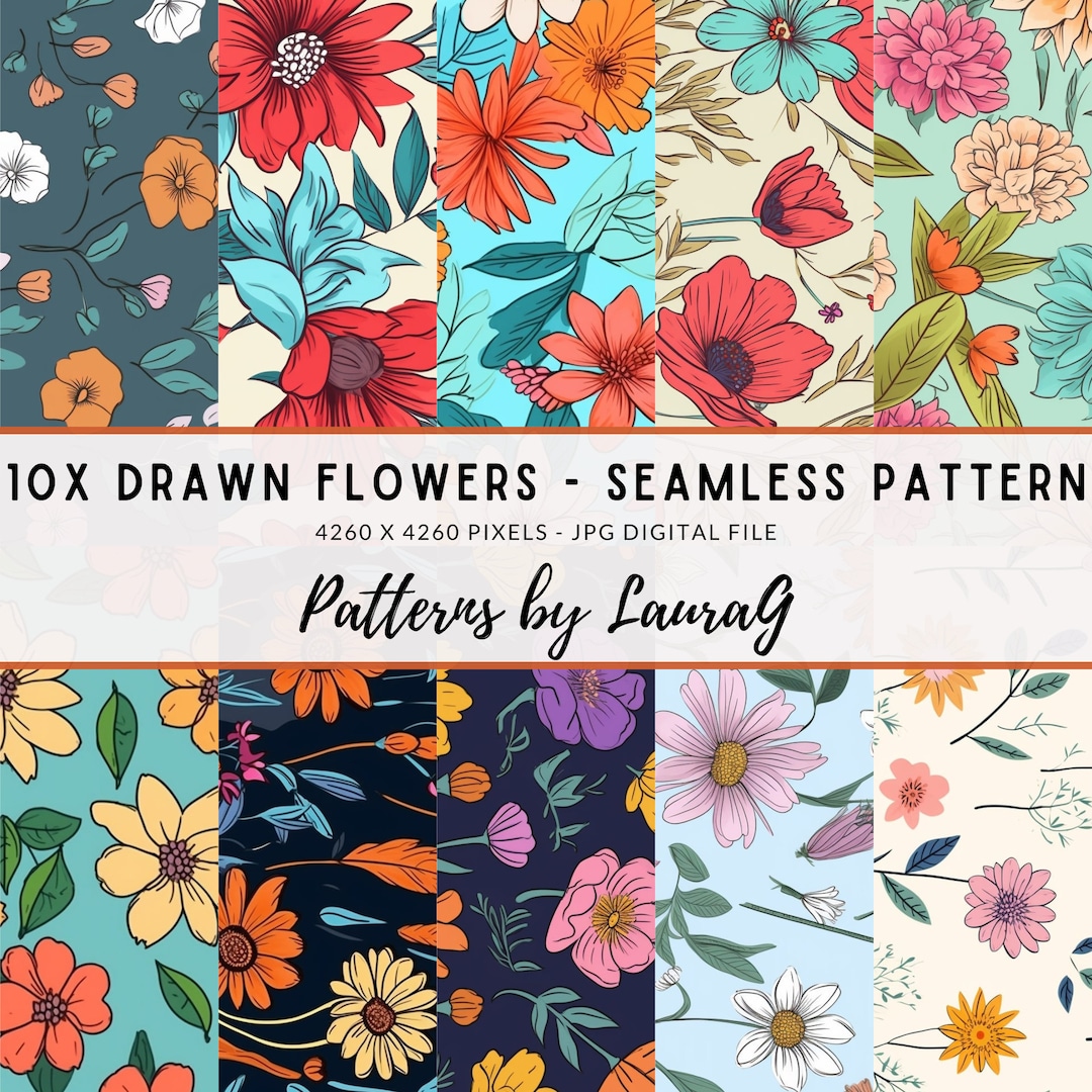 Drawn Floral Digital Paper, Seamless Pattern Flower Drawing, Nature ...