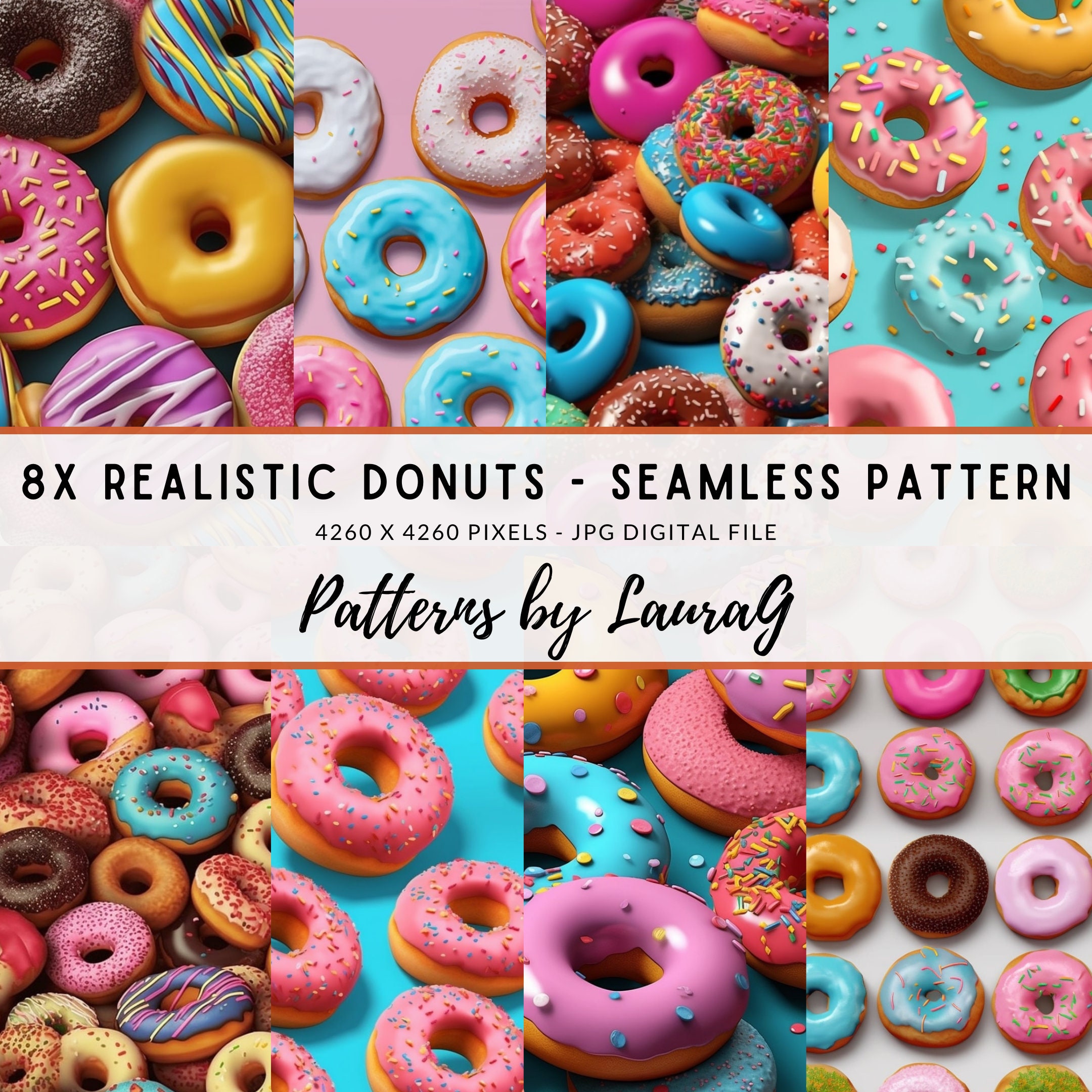 Realistic Donut Digital Paper, Seamless Pattern Donut Realistic, Donut ...