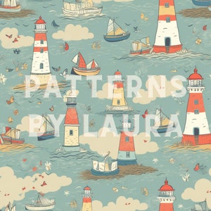 Seamless Pattern Maritime, Lighthouse Digital Paper Pack, Wallpaper Cartoon Kids, Watchtower ...
