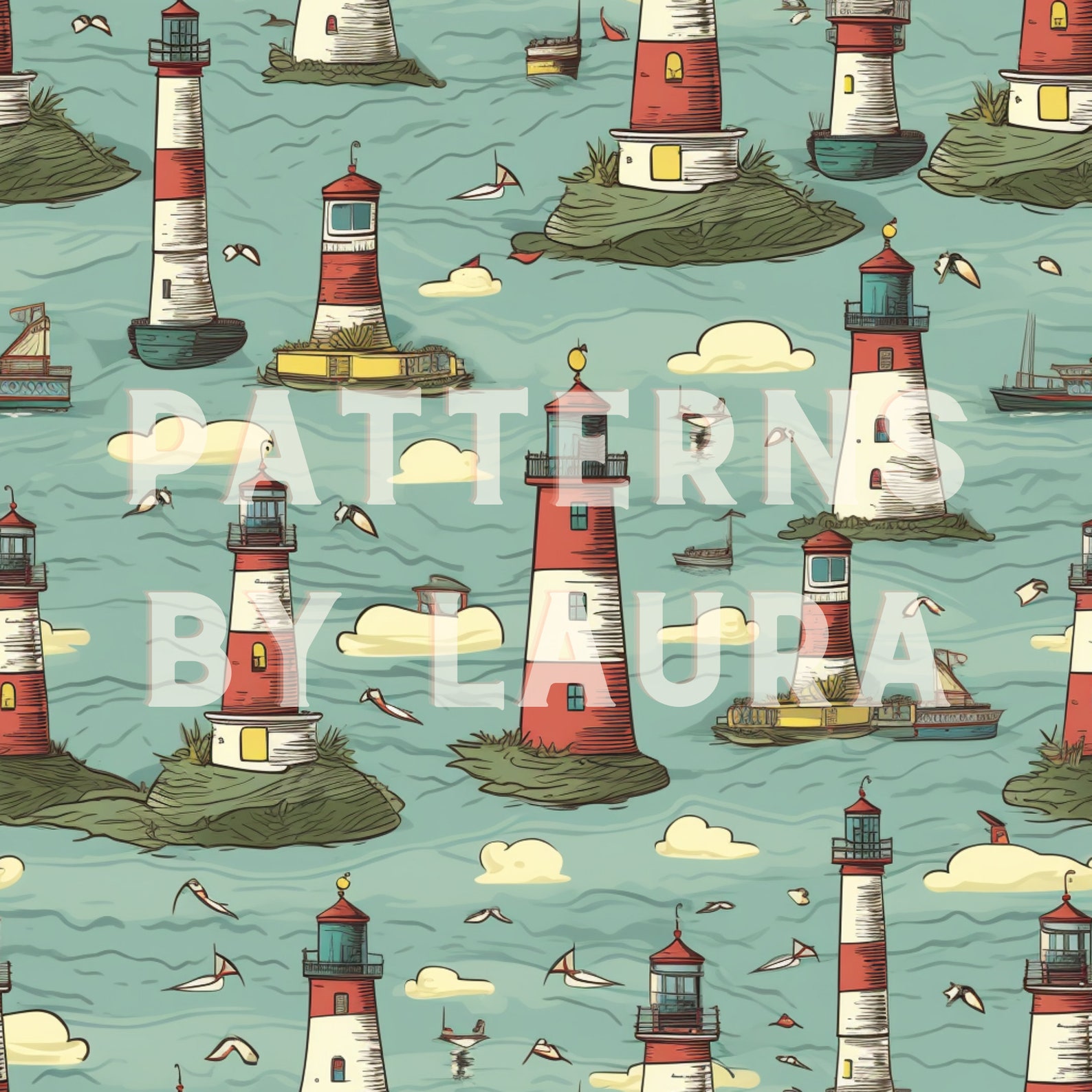 Seamless Pattern Maritime, Lighthouse Digital Paper Pack, Wallpaper ...