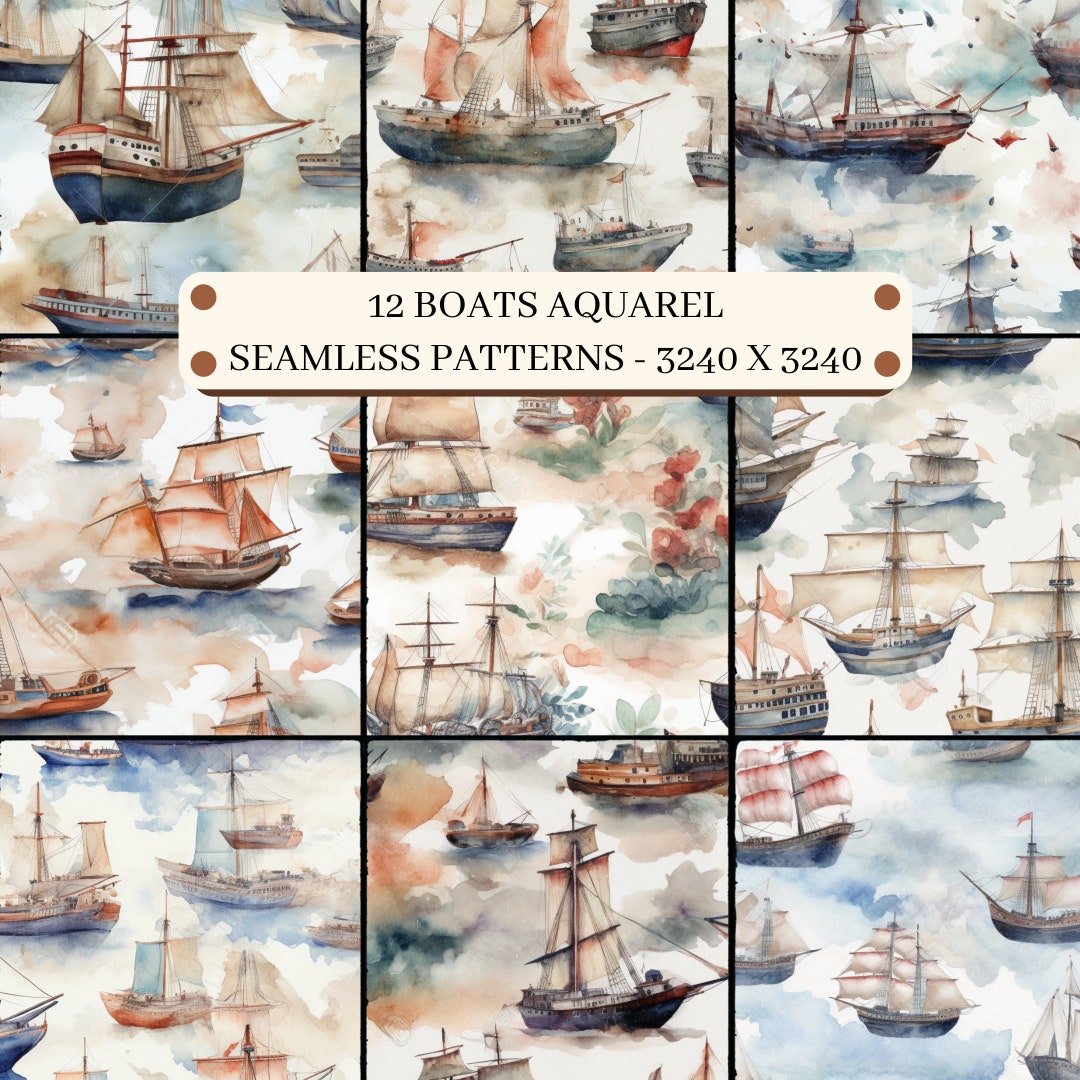 Nautical Digital Paper Ships, Seamless Pattern Boat Watercolor, Kids ...