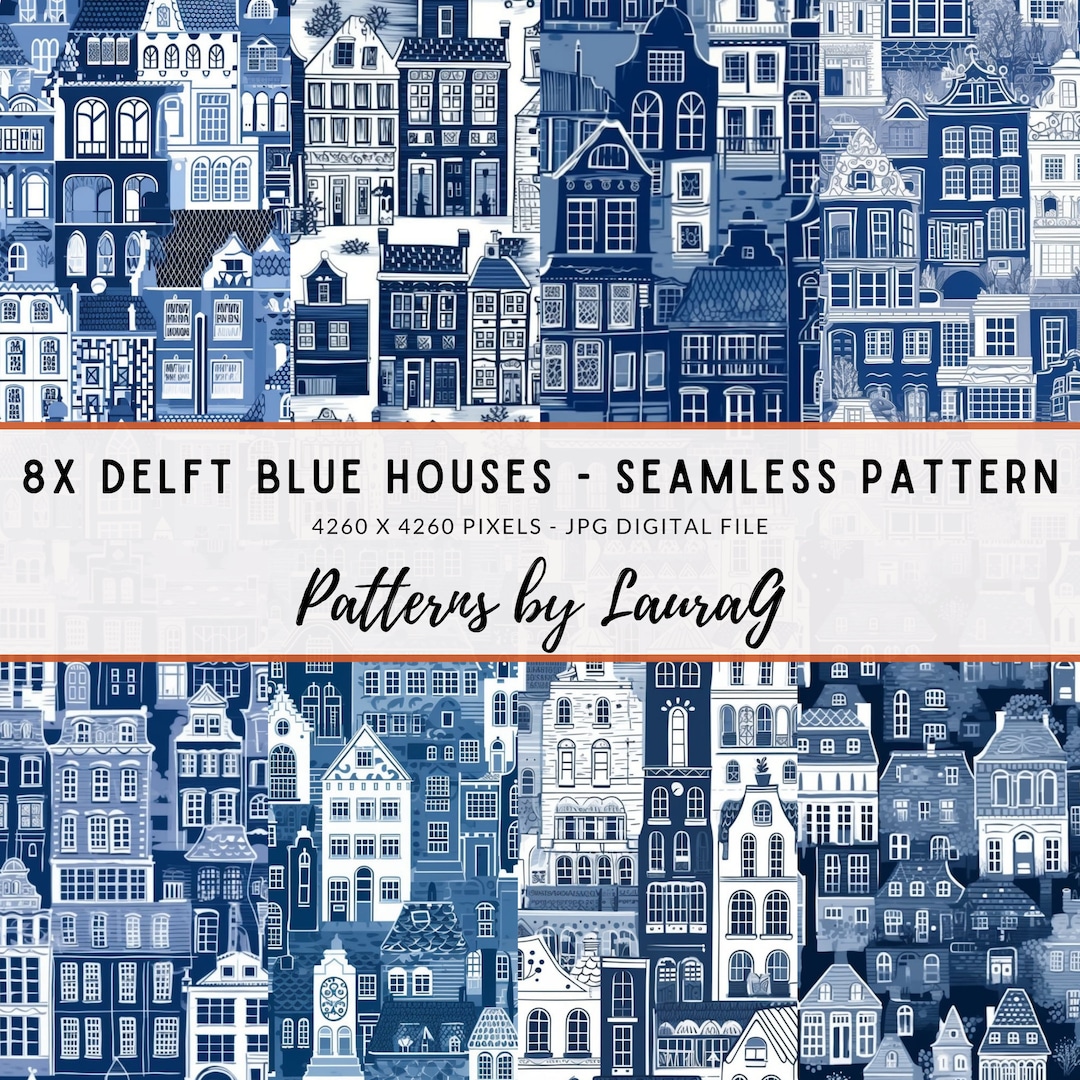 Delft Blue Houses Seamless Pattern, Dutch Cityscape (digital Download ...