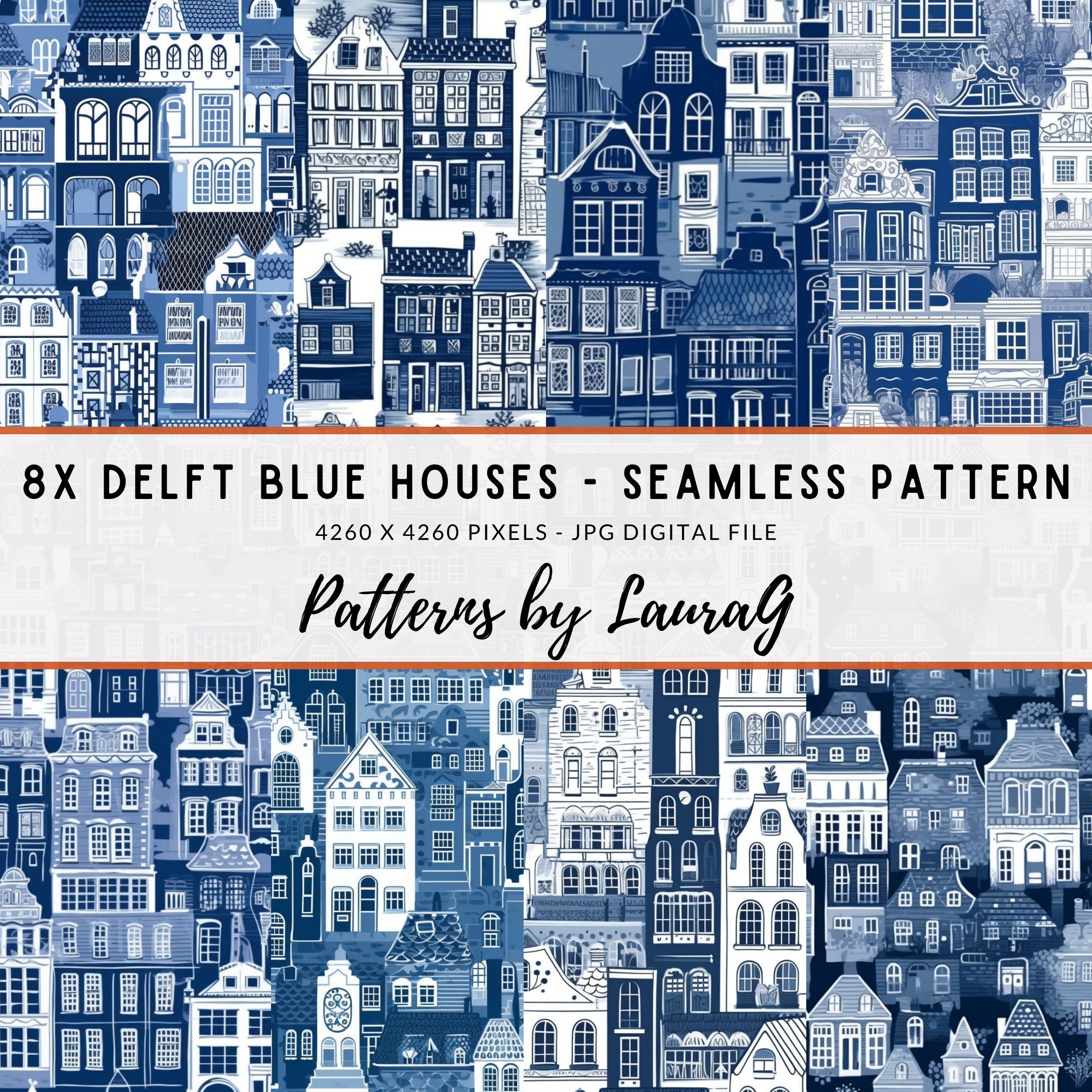 Delft Blue Houses Seamless Pattern, Dutch Cityscape (digital Download ...