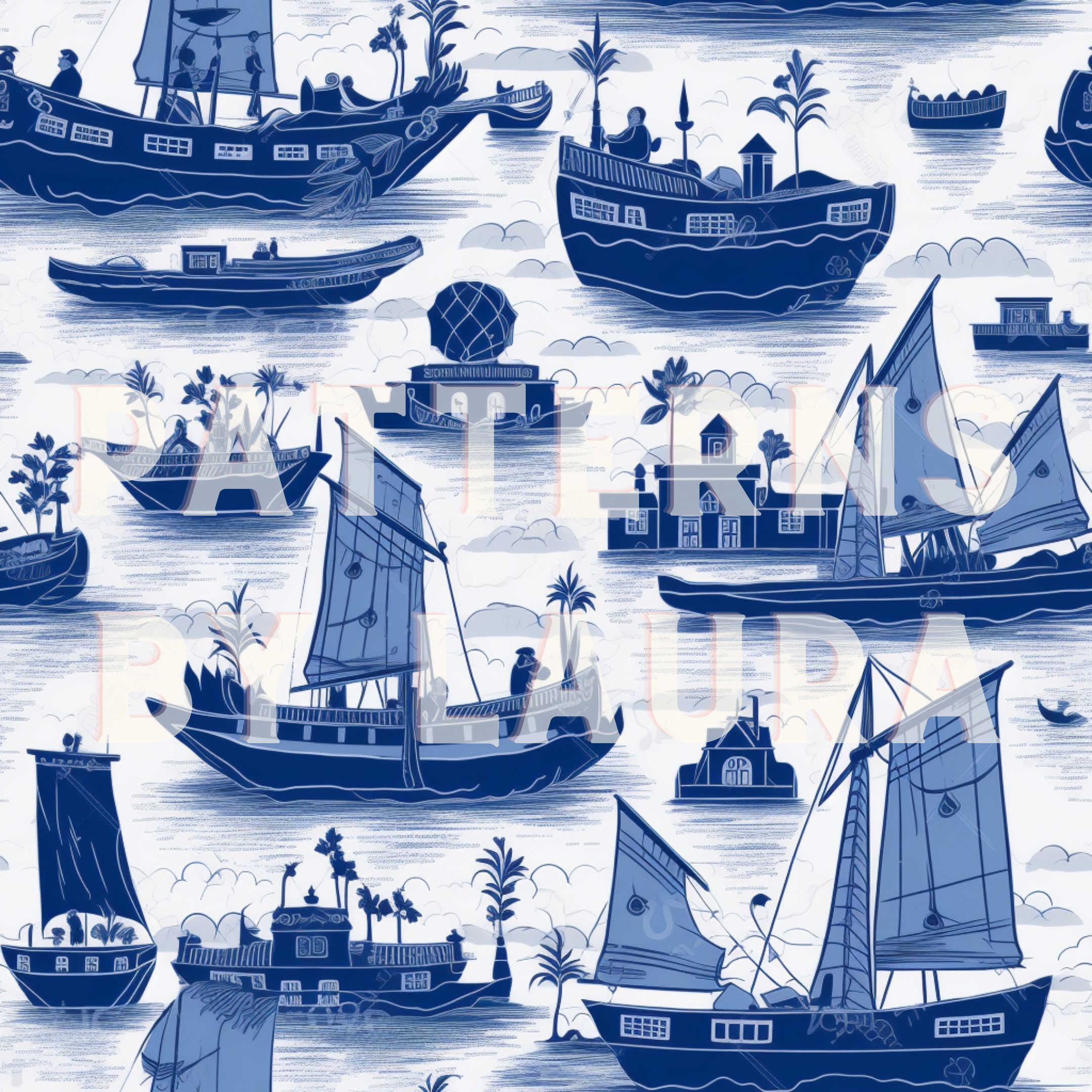 Seamless Pattern Ships Delft Blue, Nautical Digital Paper, Sailboat ...