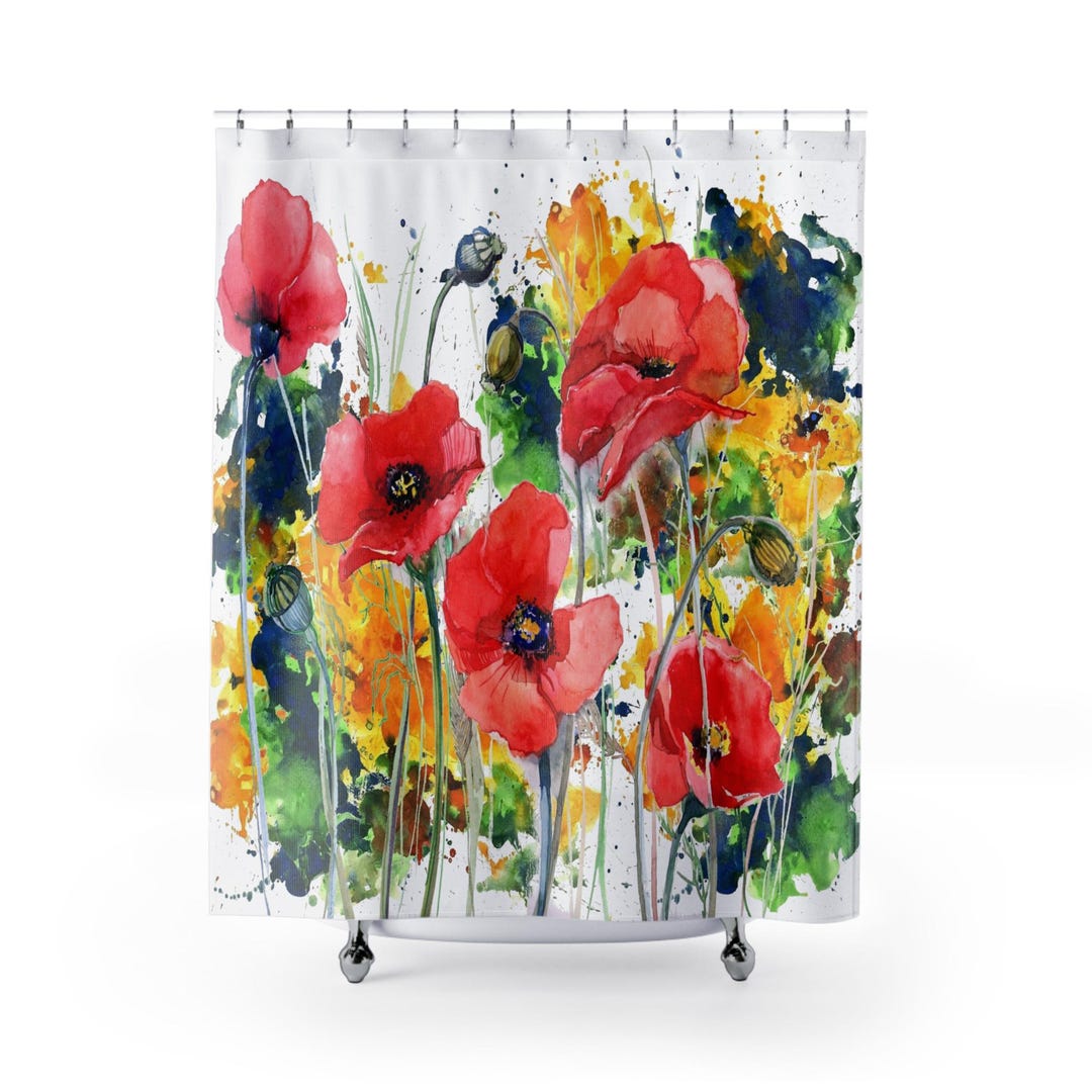 Vibrant Floral Poppy Watercolor Shower Curtain for a Bright Bathroom ...