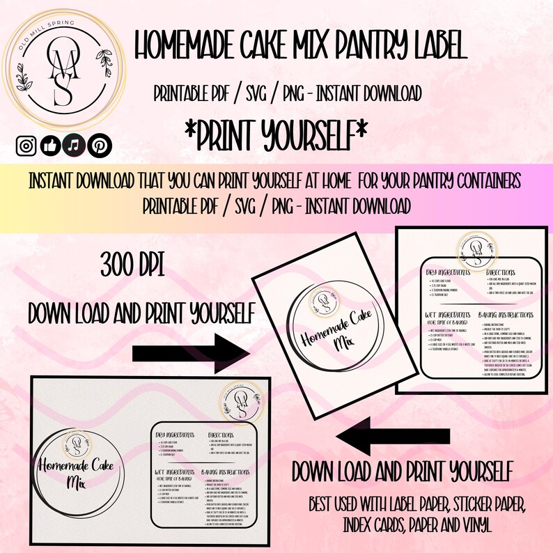 Printable Cake Mix Labels PDF / SVG / PNG, Old Mill Spring Cake Mix ...