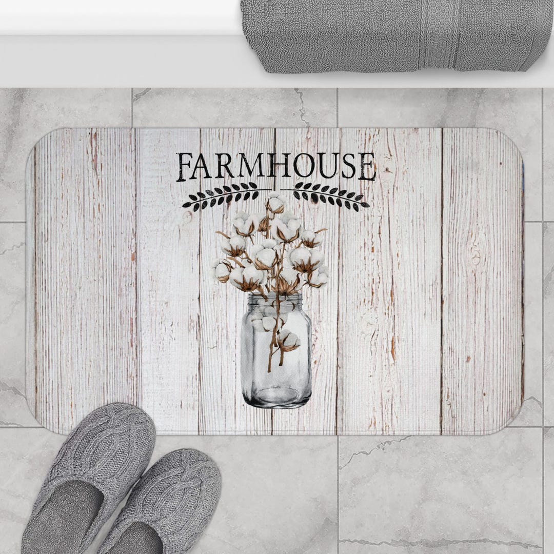 Farmhouse Bath Mat With Mason Jar of Cotton, Rustic Bathroom Rug ...