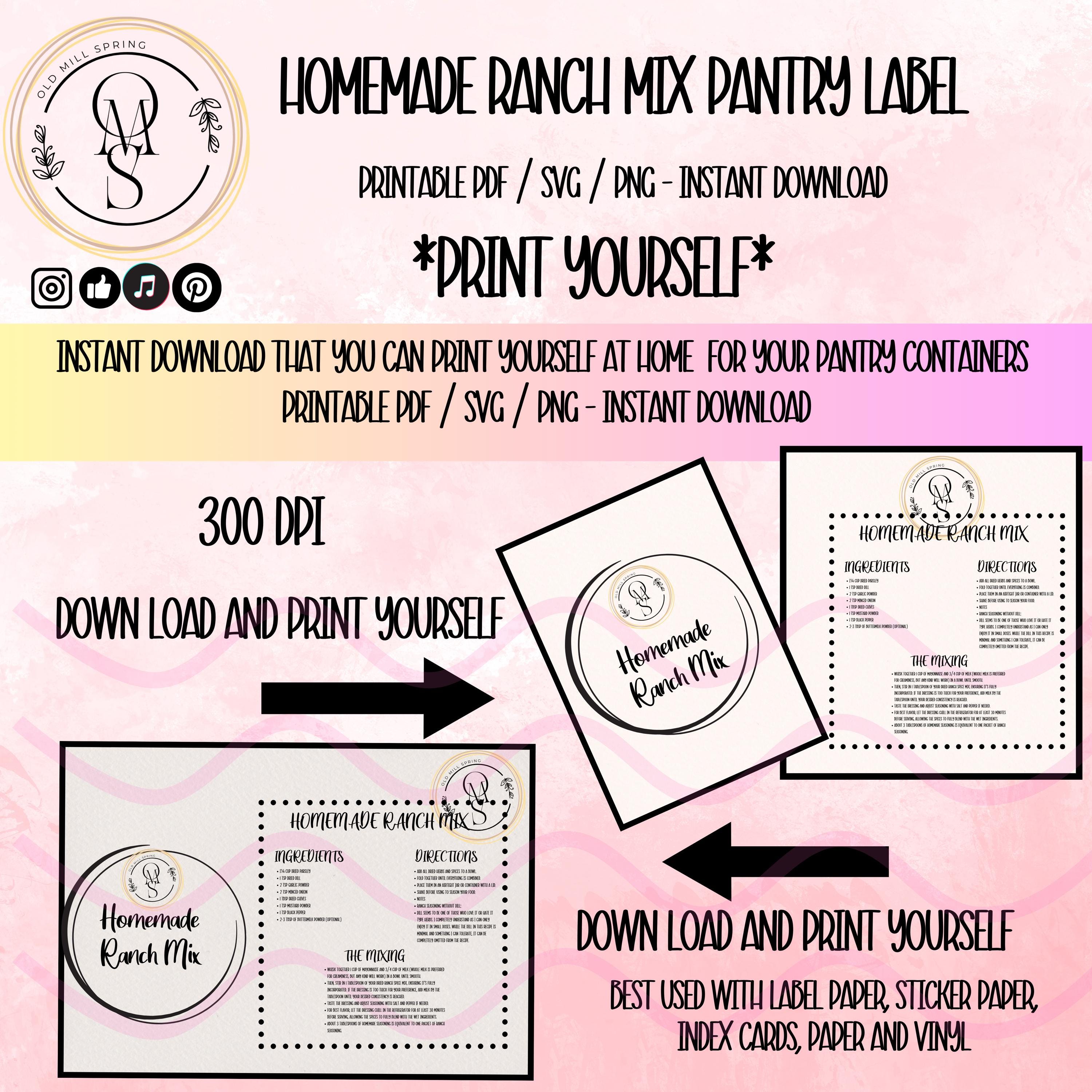 Homemade Ranch Mix Jar Label: Printable Recipe (PDF / SVG / PNG) - Etsy