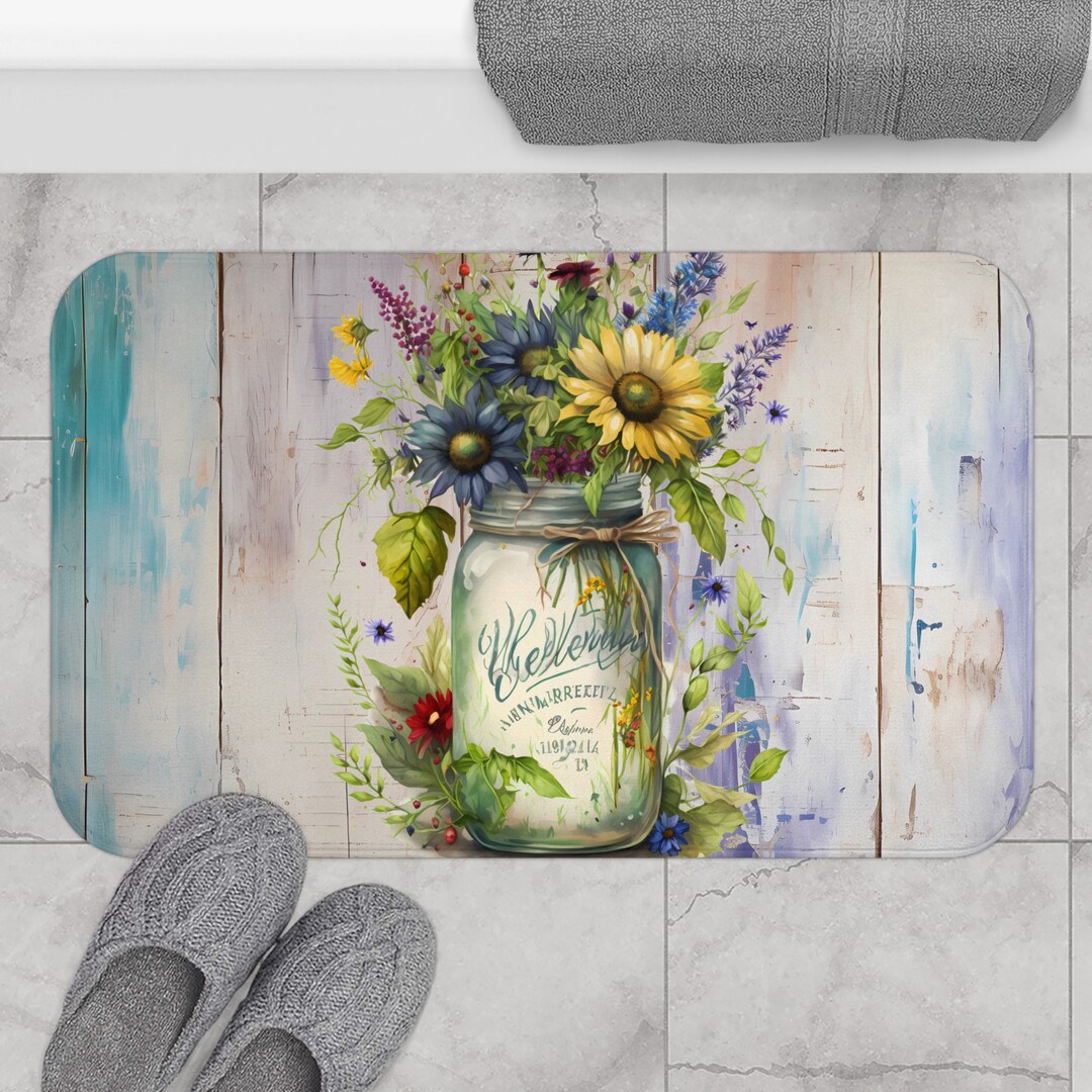 Wildflowers Mason Jar Bath Mat Floral Bathroom Decor, Non-slip Tub Mat ...
