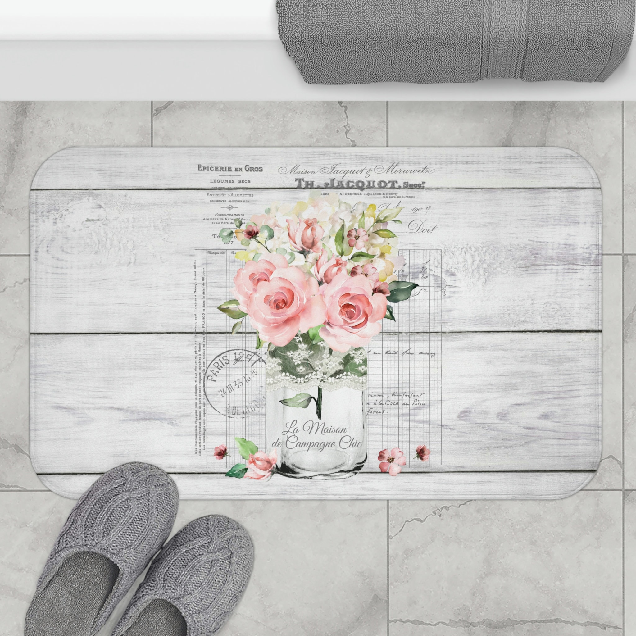 Bath Mat Farmhouse Pink Roses Bath Mat Shabby Chic Floral - Etsy