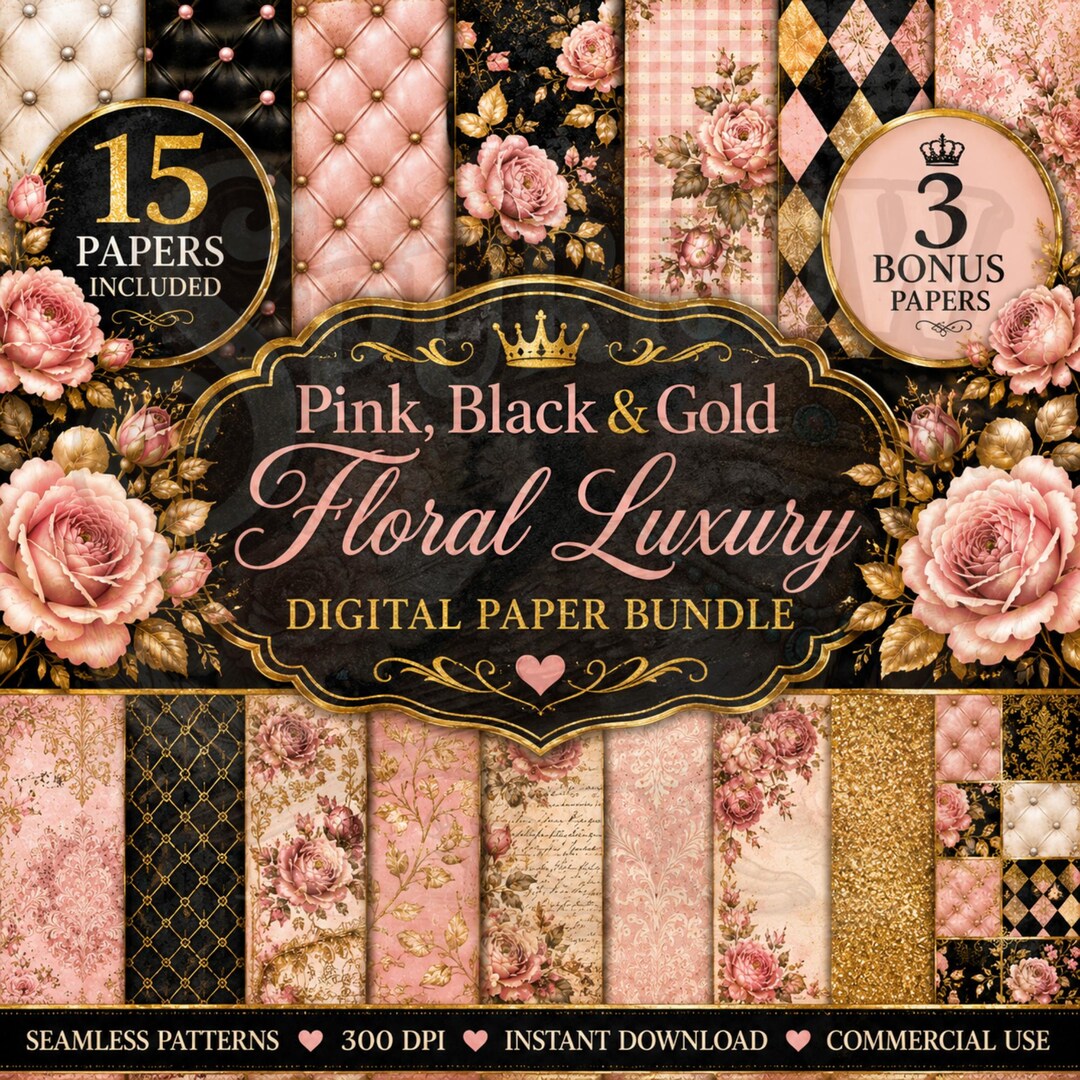 Pink Gold Floral Digital Paper, Shabby Chic Vintage Roses, Seamless ...