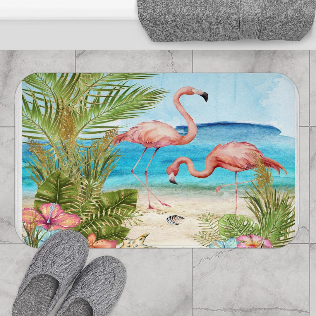Pink Flamingo Bath Mat, Tropical Bathroom Decor, Beach House Rug, Cute ...