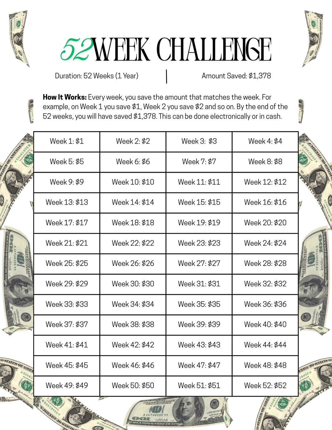 52 Week Challenge (savings Challenge) - Etsy