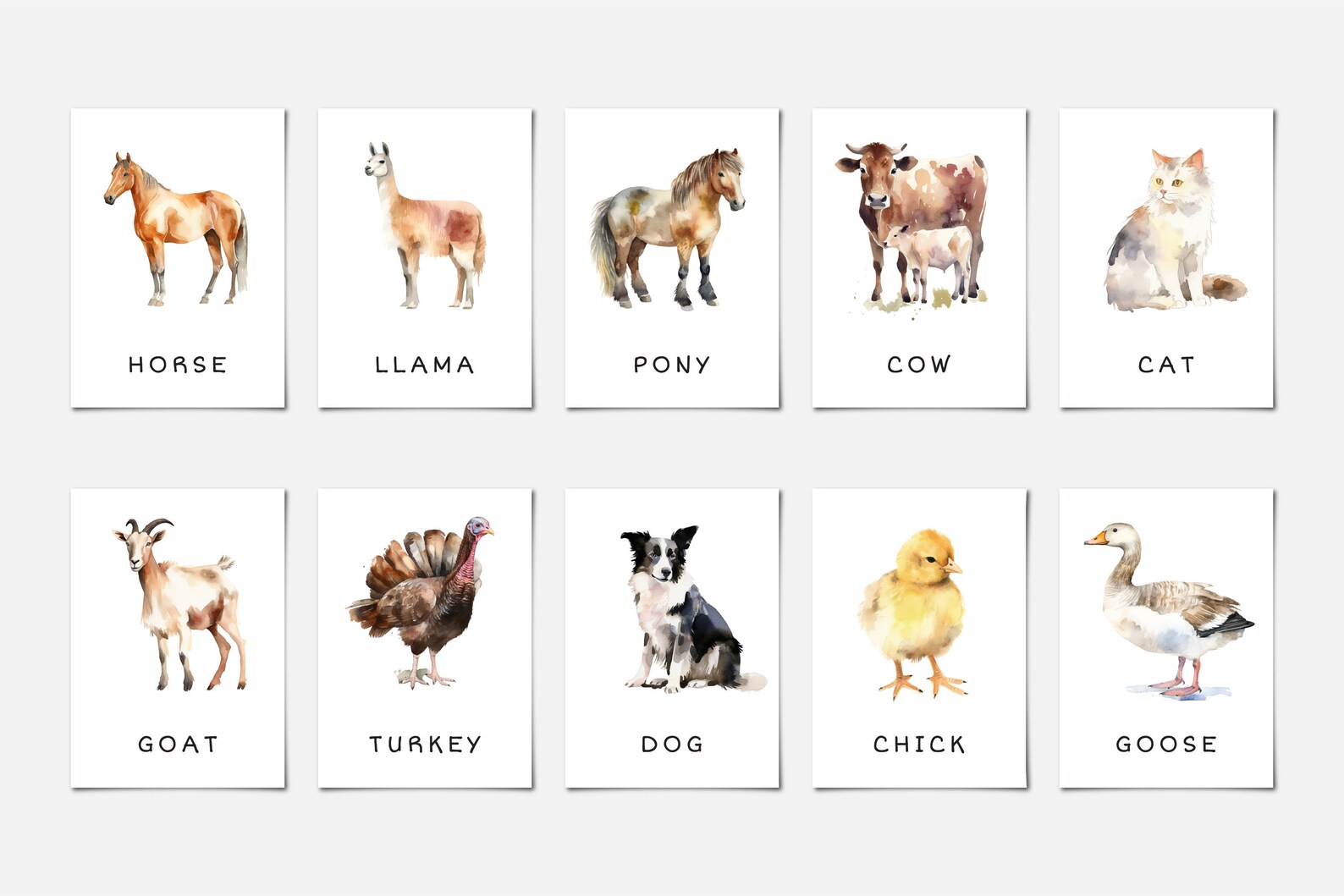 20 Farm Animals Cards, Montessori Flash Cards, Pre-school Cards ...