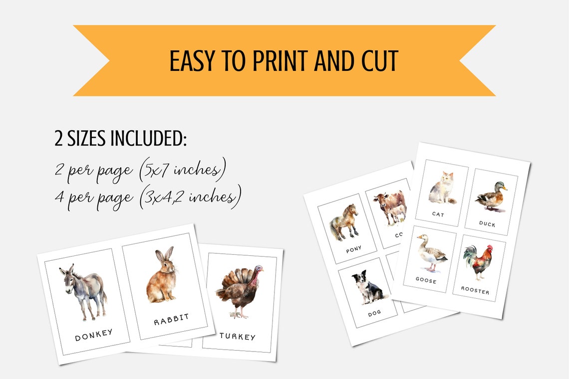 20 Farm Animals Cards, Montessori Flash Cards, Pre-school Cards ...
