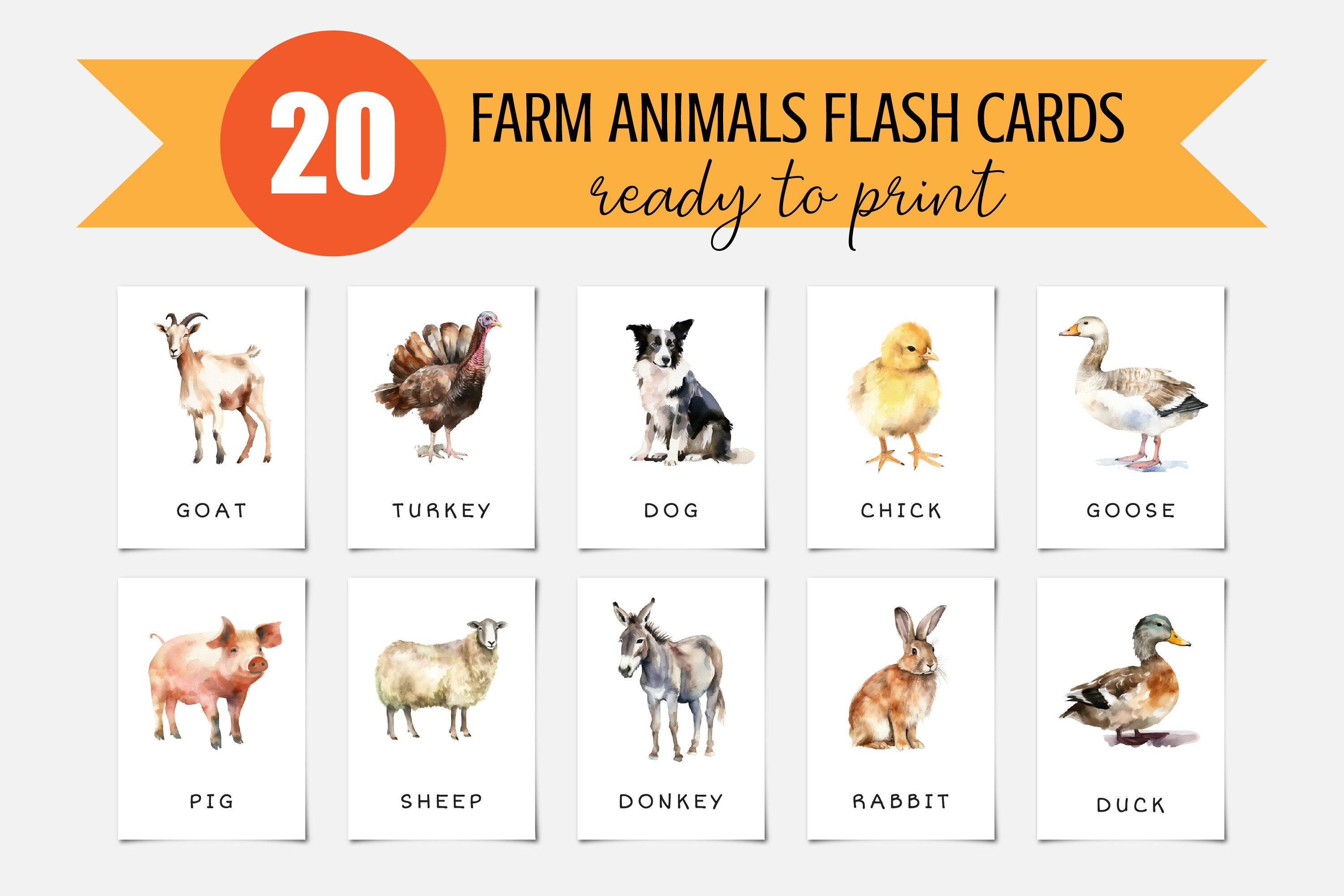 20 Farm Animals Cards, Montessori Flash Cards, Pre-school Cards ...