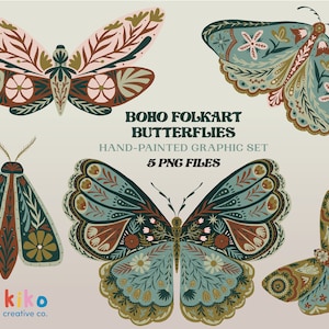 Folkart Bohemian Butterflies and Moths Hand-drawn Downloadable PNG ...