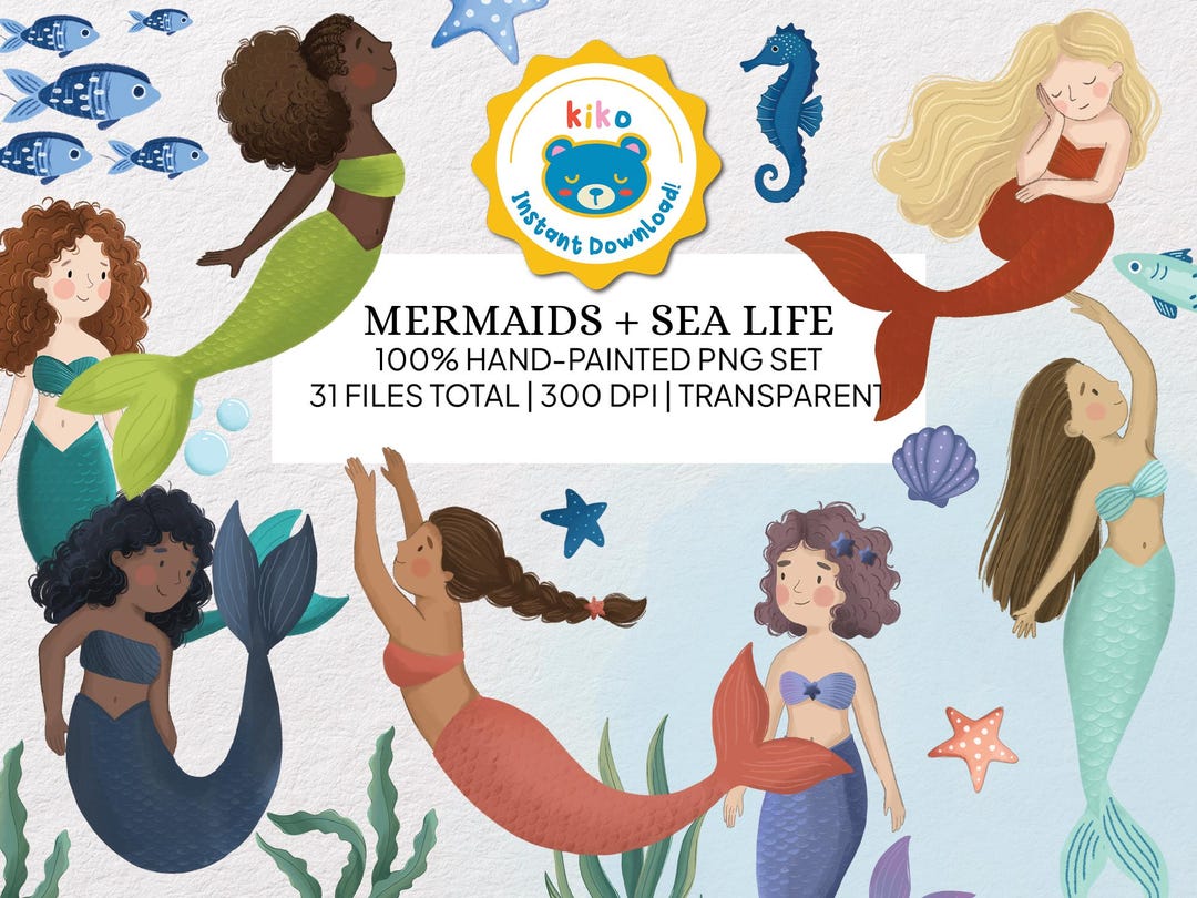 Mermaid Clipart PNG Set | Hand Painted Ocean Graphics | Mermaid ...