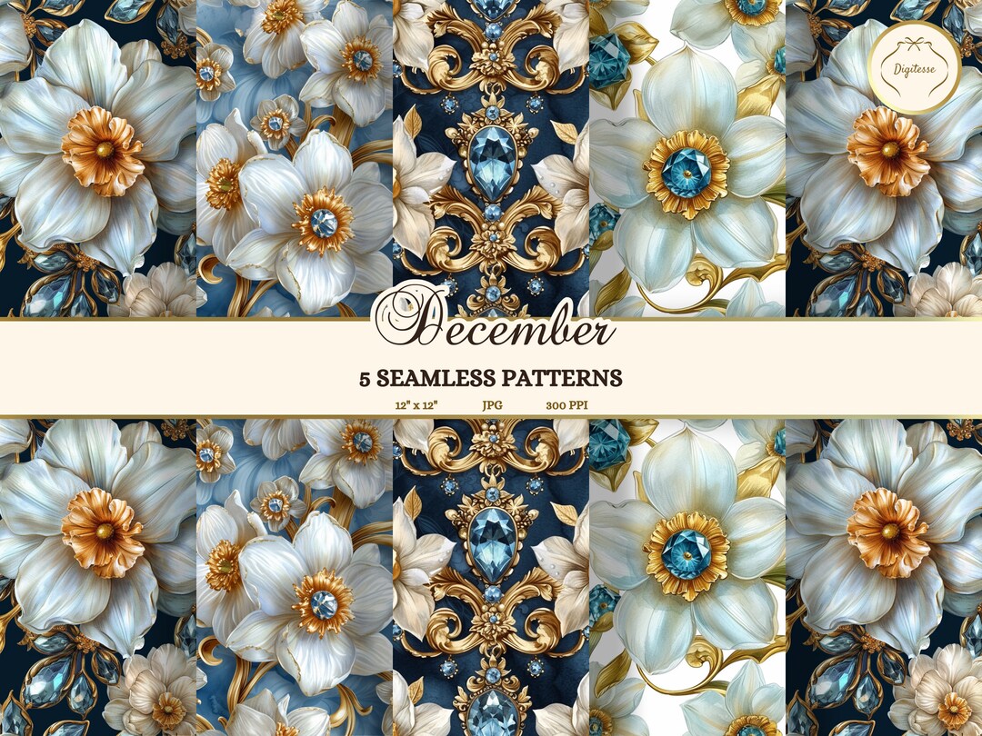 Blue Topaz Narcissus Digital Paper, December Birthstone Pattern (JPG ...
