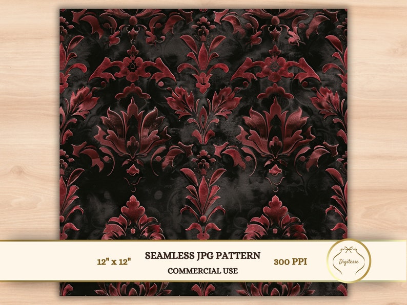 Gothic Flocked Velvet Wallpaper Printable, Burgundy Damask Pattern ...
