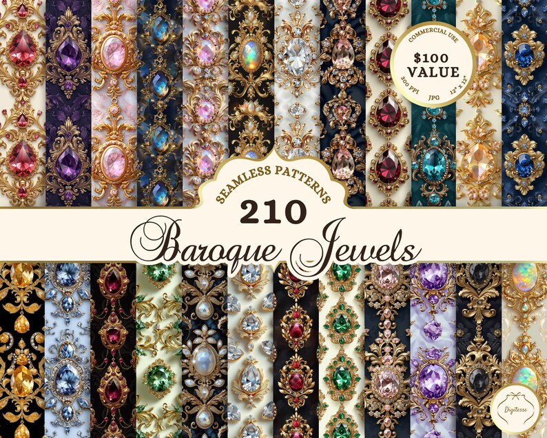 Baroque Jewelry Seamless Pattern Bundle, Baroque Paper Gemstones JPG ...