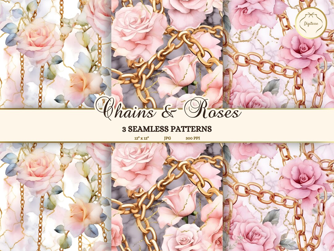3 Seamless Patterns Watercolor Chains and Roses, Digital Paper Gold ...