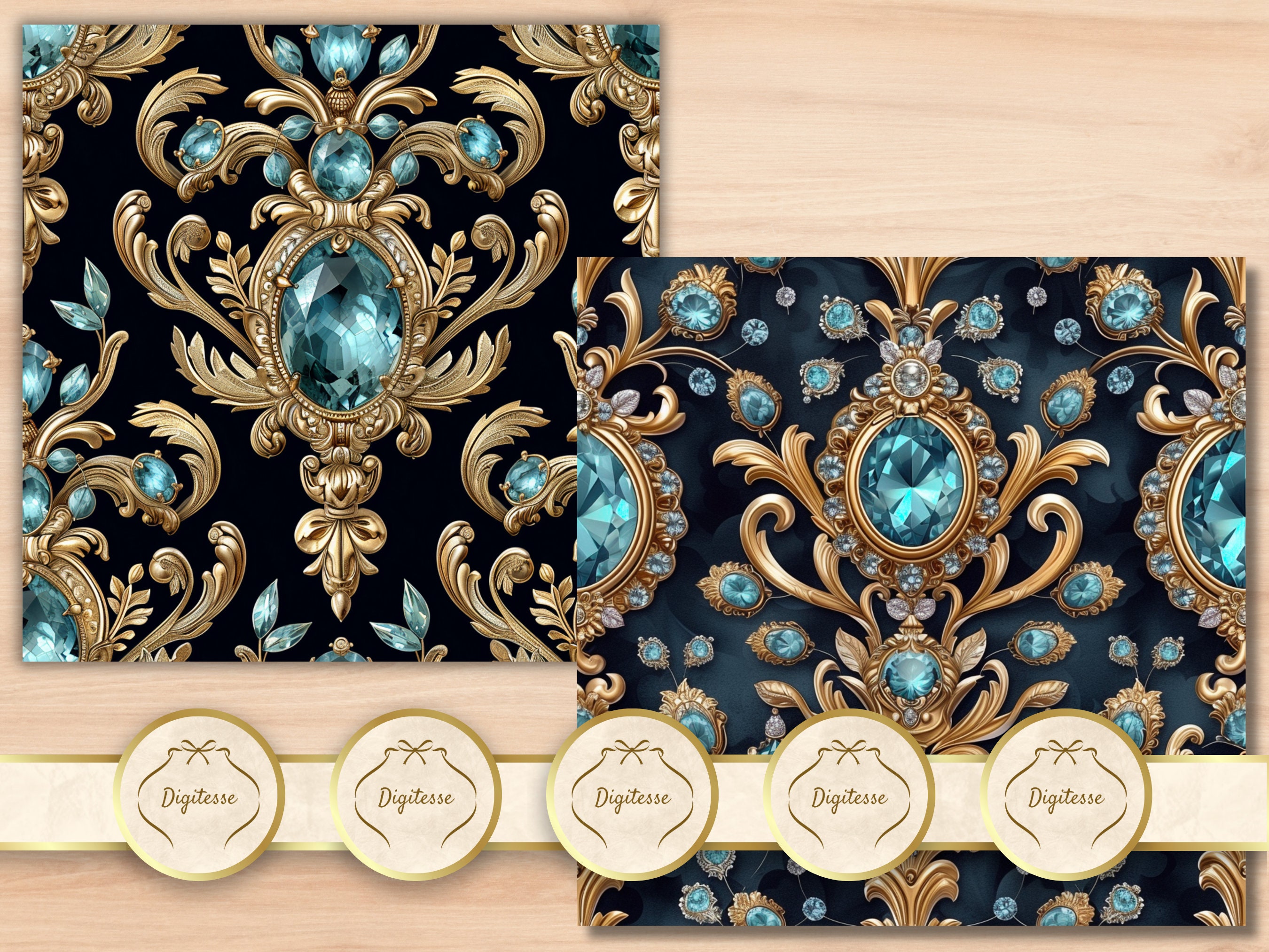 Rococo Aqua Jewels Seamless Patterns, Turquoise and Gold Baroque Junk ...