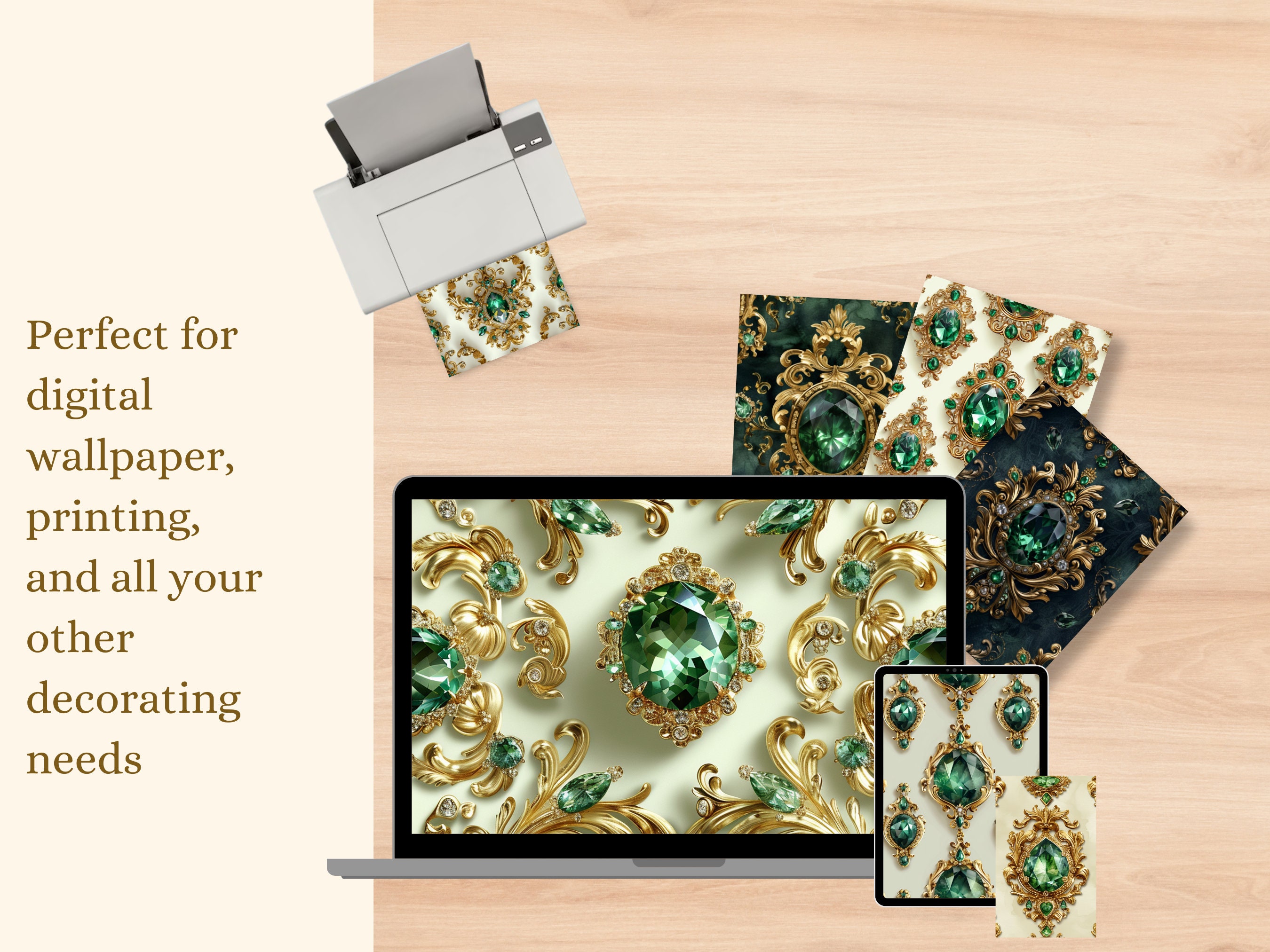 Green Baroque Emerald Jewels Seamless Patterns (JPG Digital Download ...