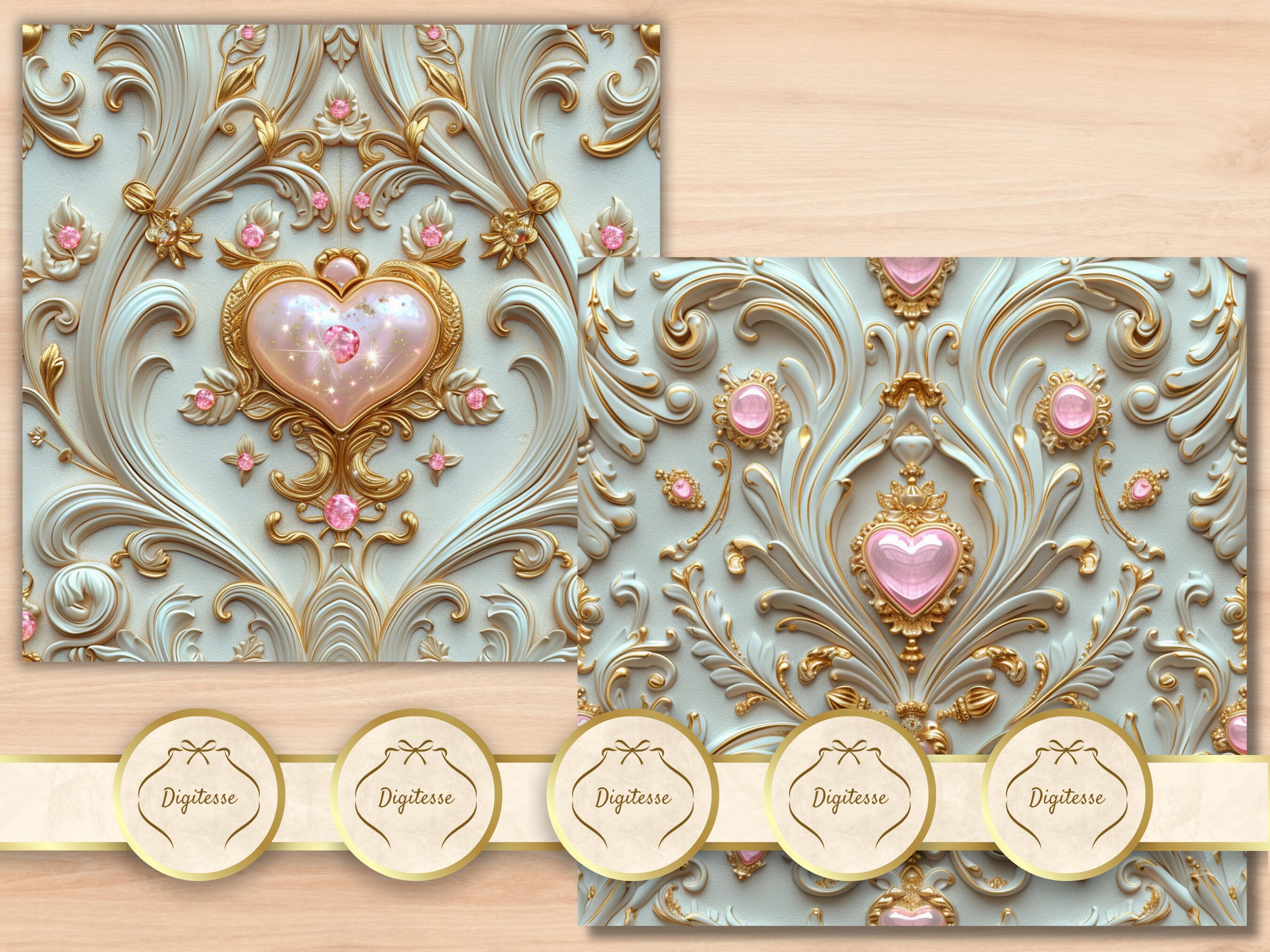 Rococo Pink Hearts Background JPG, Baroque Jewel Seamless Patterns ...