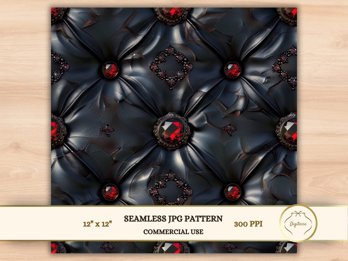 Gothic Black Leather Quilted Pattern, Ruby Gem, Seamless JPG (digital ...
